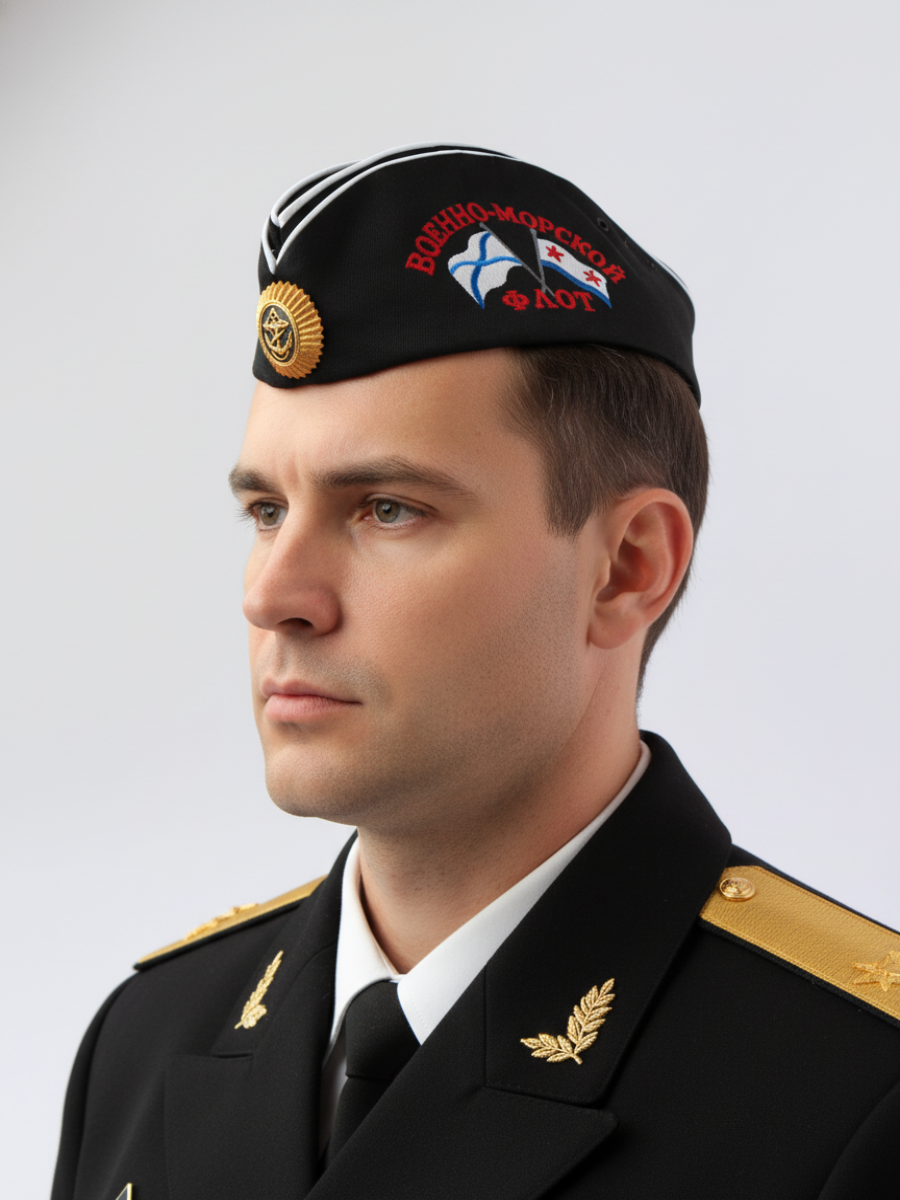 Пилотка ВМФ Офицерская с вышивкой Андреевского флага и флага ВМФ. Размер 57-58. Felante