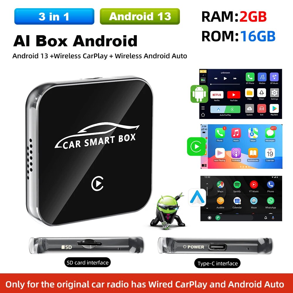 Grandnavi 3-в-1 CarPlay Ai Box Android 13 Беспроводной USB-адаптер Android Auto Для AI62 2GB 16GB