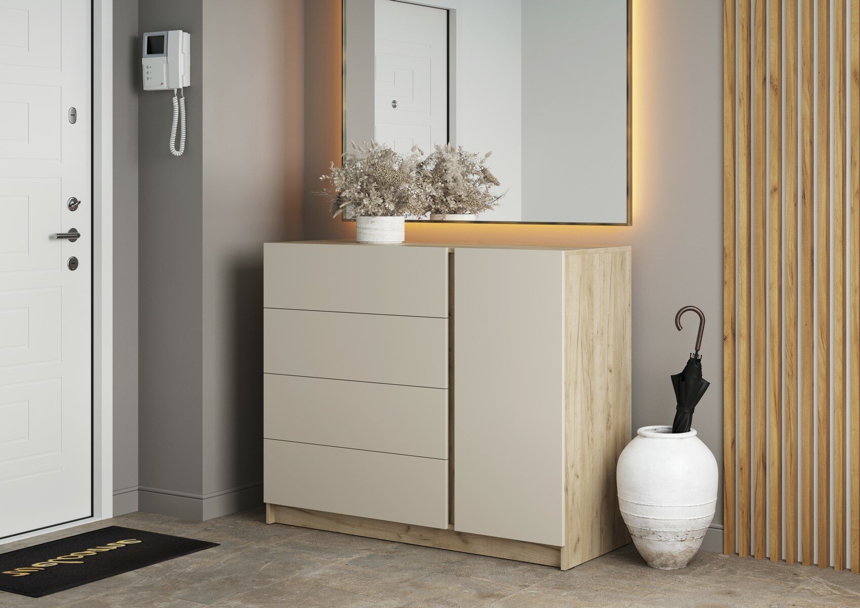 Комод Эталон "Бостон", 120×99,5×47,7см, 4 ящика, ЛДСП, дуб крафт серый/кашемир