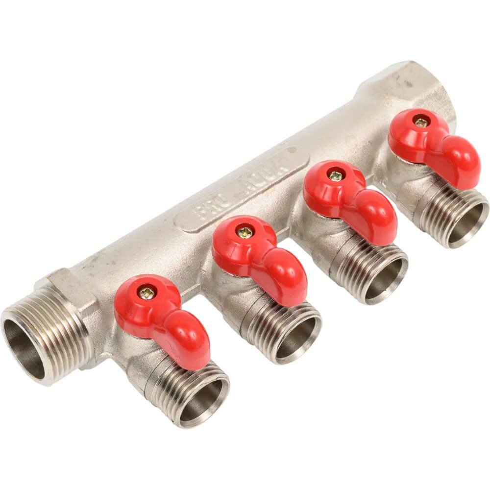 Коллектор с отсекающими кранами (плоскость) PRO AQUA 3/4, 4 х 1/2 V100.04-m20-f20 для распределения потока