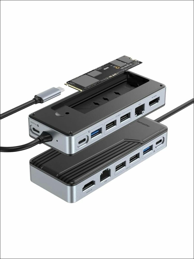 USB-C Hub 8 в 1 YYM28PR HDMI 4K@60Hz RJ45 10 Гбит/с Type-C USB3.2-A , M.2NVMe/SATA двойной протокол PD 100Вт, Адаптер для ноутбука/MacBook/ПК
