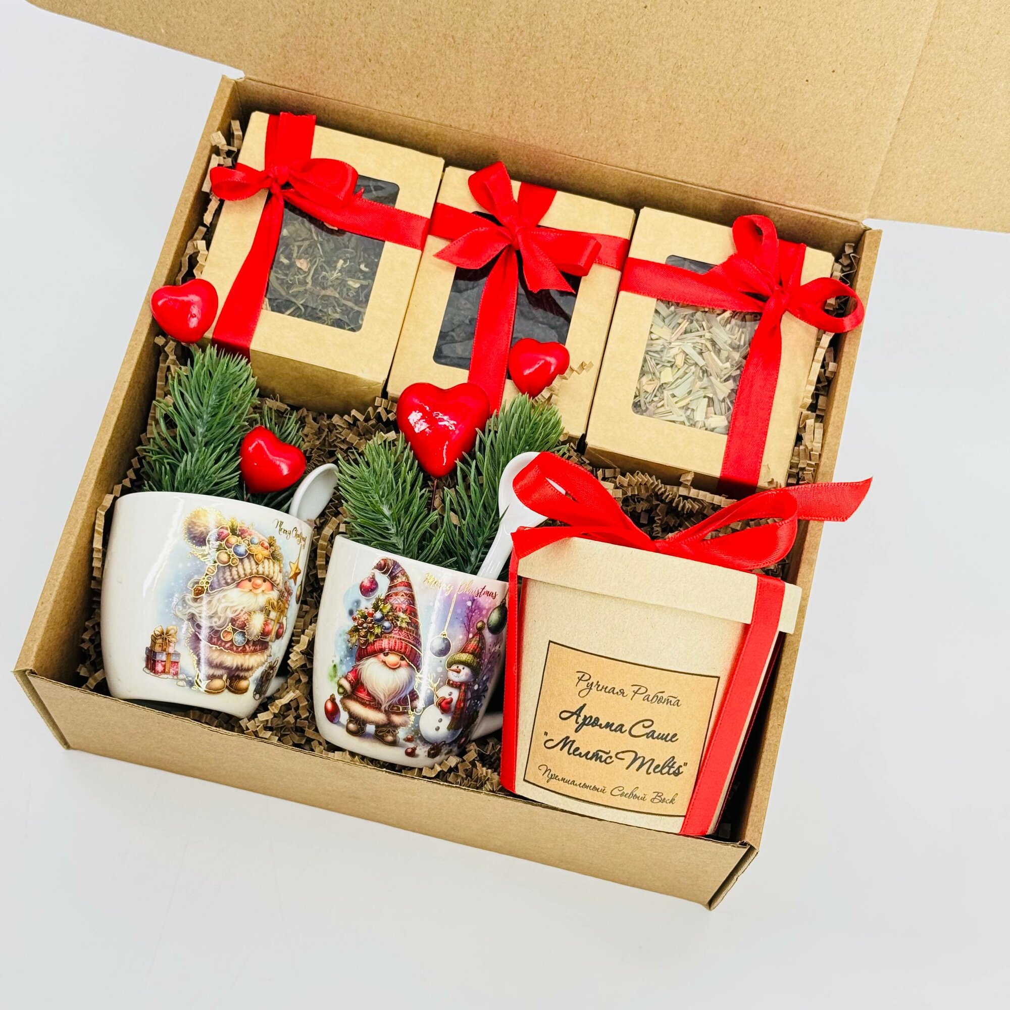 Новогодний подарочный набор, бокс. Чай элитный, новогодняя кружка, арома саше мелтс ручной работы