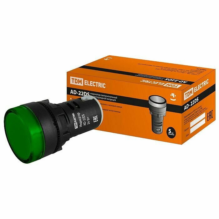 Лампа сигнальная TDM ELECTRIC AD-22DS LED, d22 мм, зеленая, 230 В