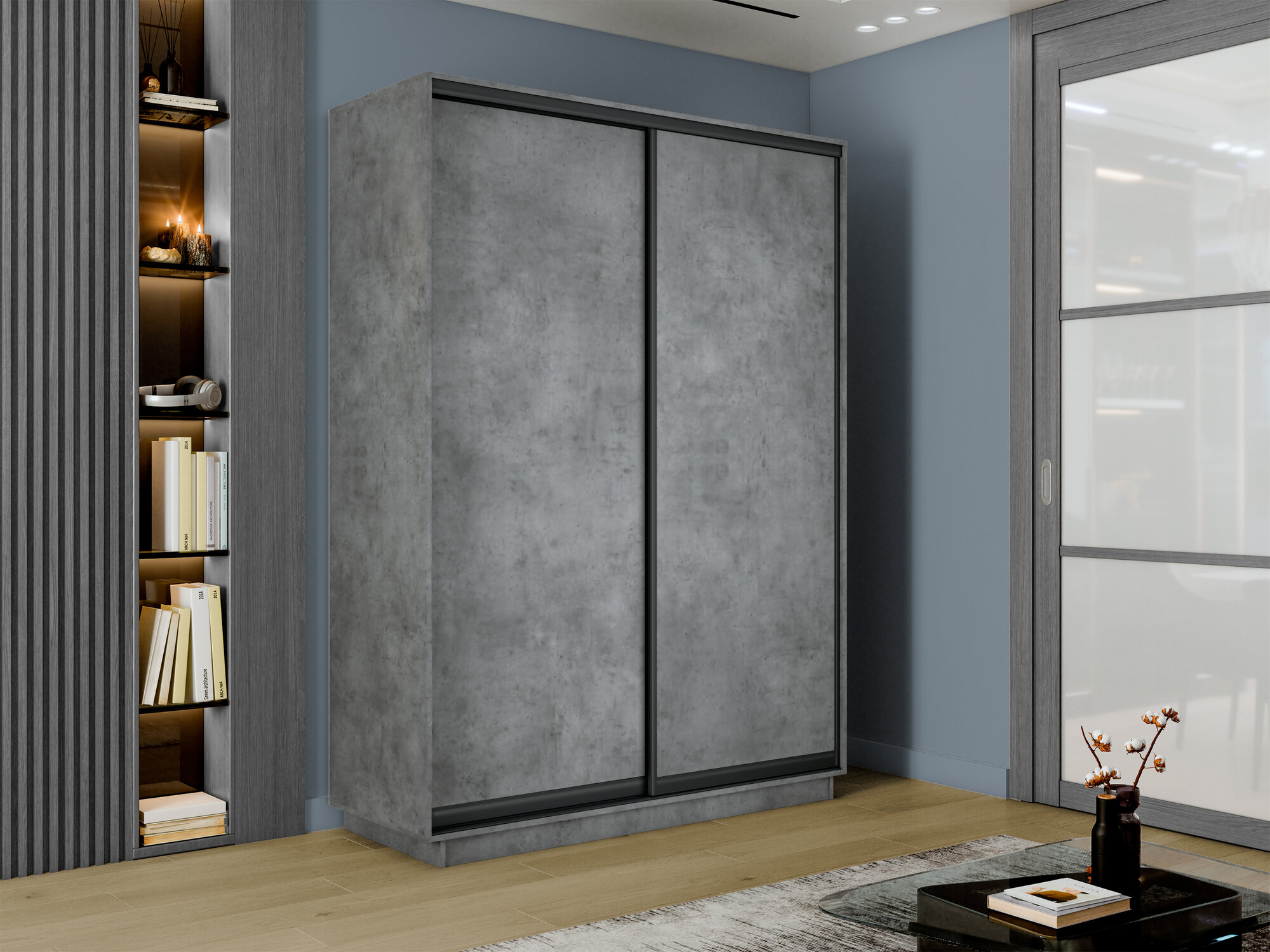 Шкаф купе Вилли 2-х дверный ЛДСП, профиль черный 180 см х 240 см х 45 см (Бетон)