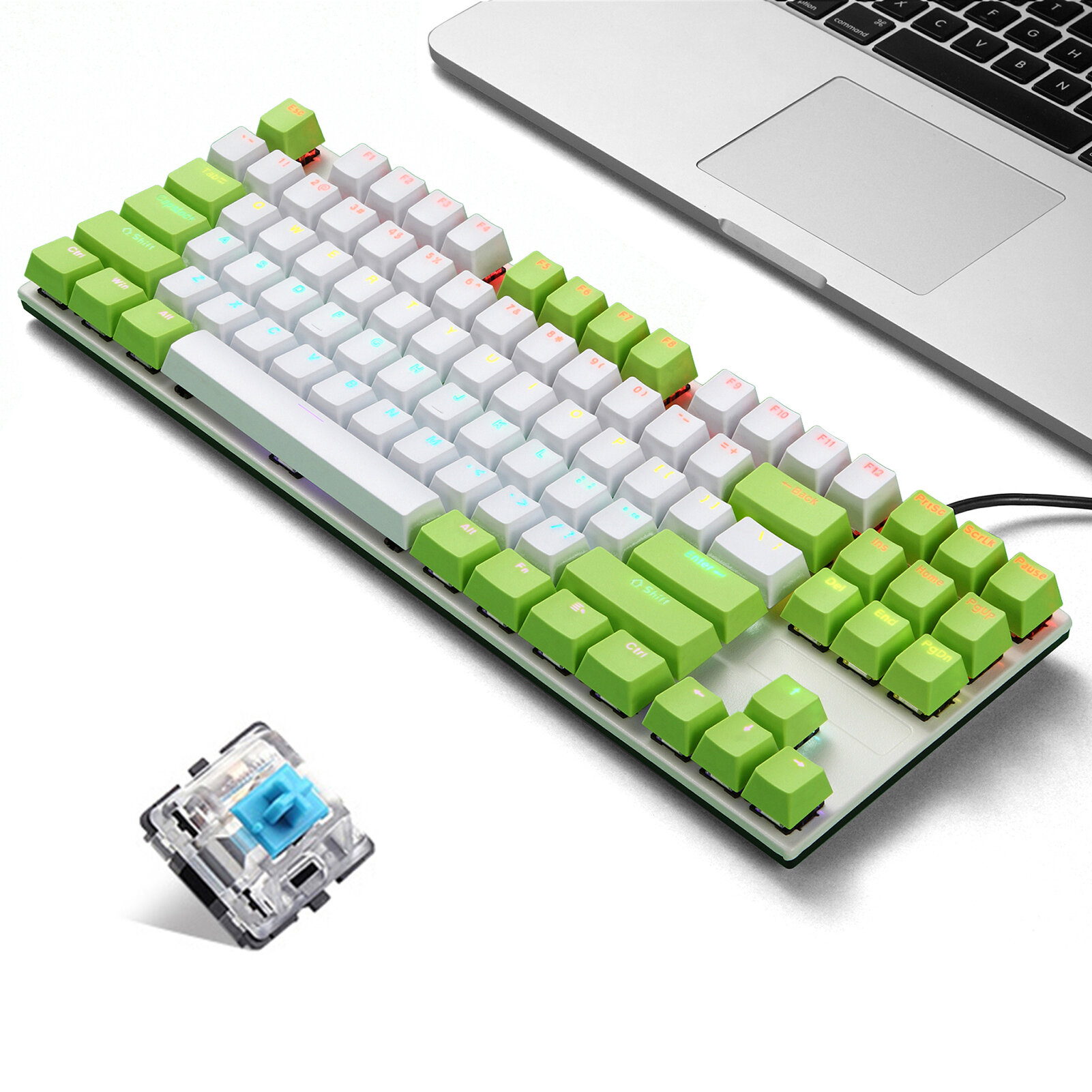 IBlancod K87 Клавиатура механическая проводная 87 клавиш Металлическая панель Двухцветная инжекционная клавиатура 20 световых эффектов Зеленый&Белый (Синяя клавиша)