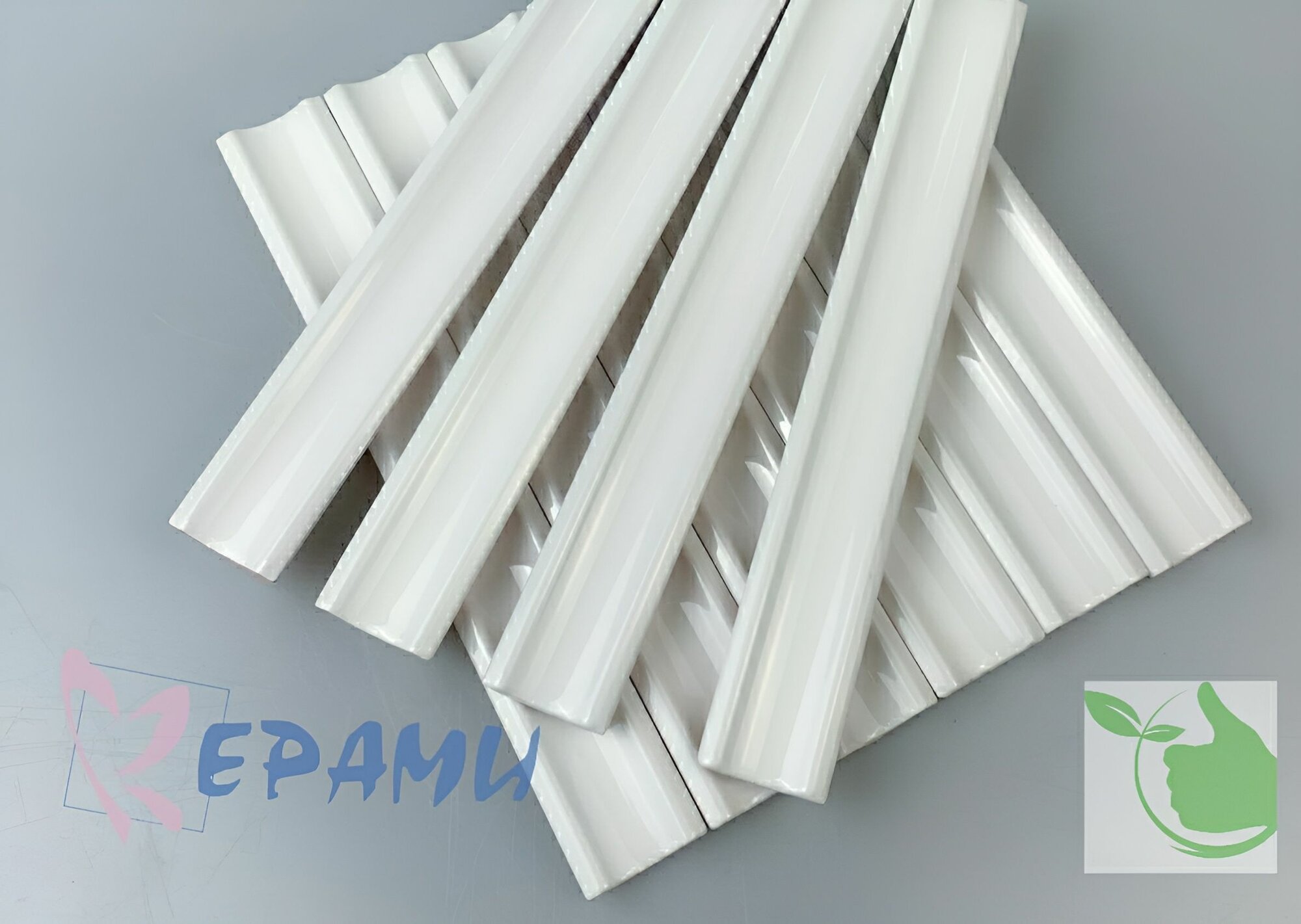 Комплект керамических бордюров для ванны Cerami (уголок керамический, 10 шт, 3,5*25 см), белый, глянец