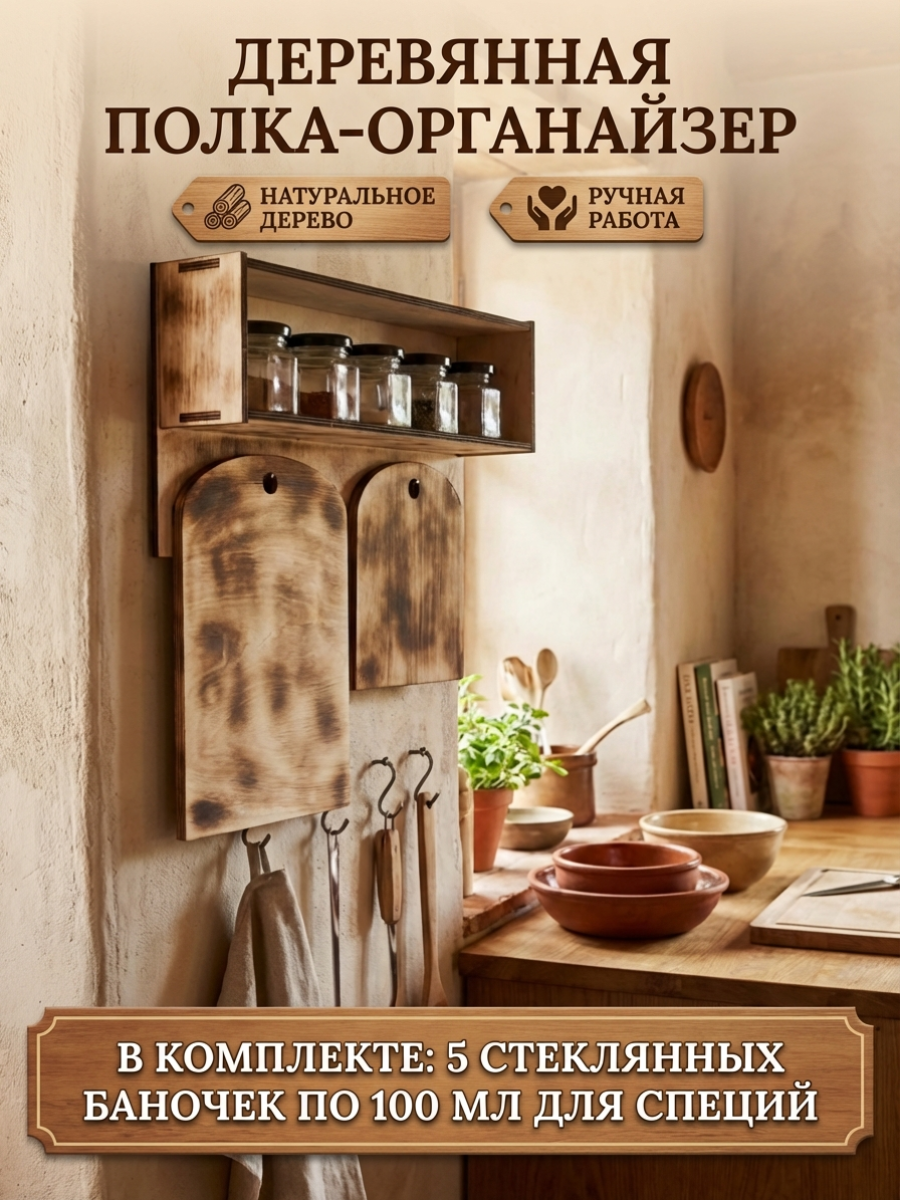 Полка кухонная с банками для специй, с крепежом, 2 разделочные доски 19*16см и 19*28см