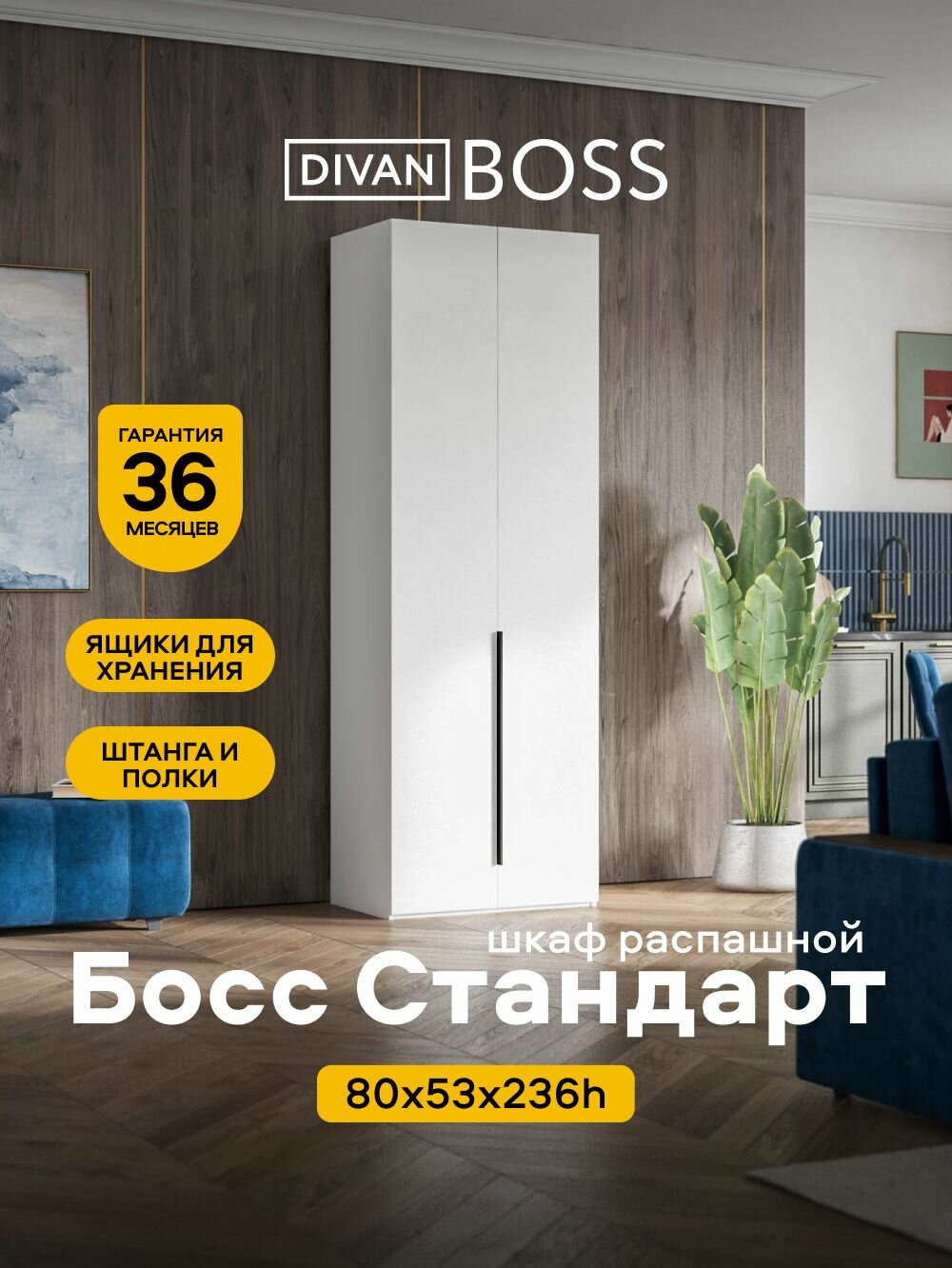 Шкаф распашной, Босс Стандарт, 80х53х236 см, 2х дверный, белый