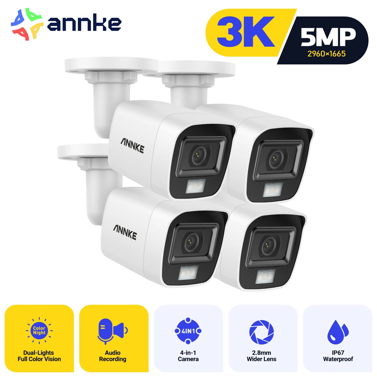 ANNKE 4 штуки камер видеонаблюдения 5MP CCTV Внешняя купольная камера IP67 Водонепроницаемая Камера с ИК-фильтром Комплект камер