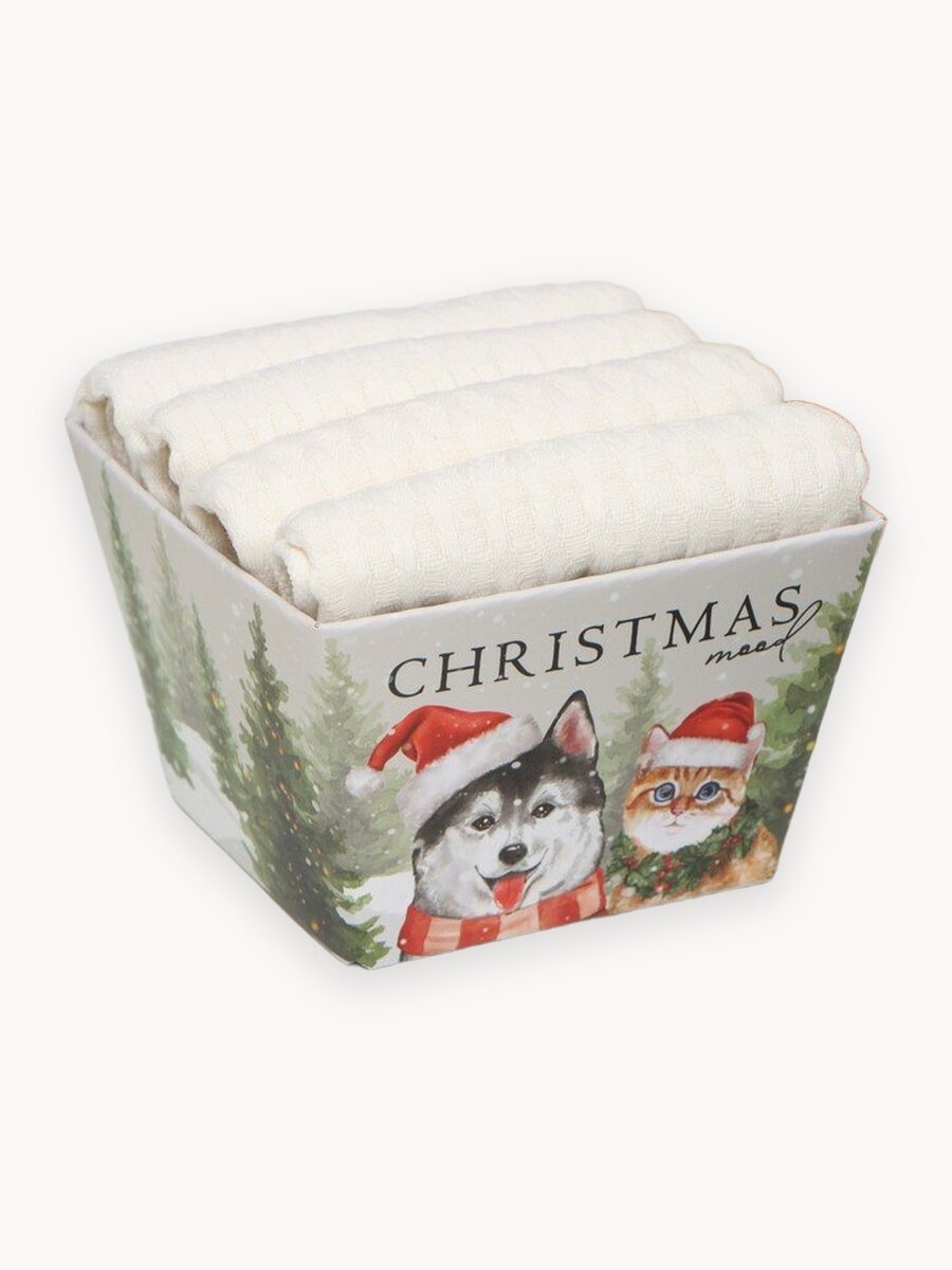 Новый год. Новогодний подарок. Набор кухонных полотенец Доляна, цвет белый, 35х60 см - 4шт, 100% хл, вафля 220 г/м2