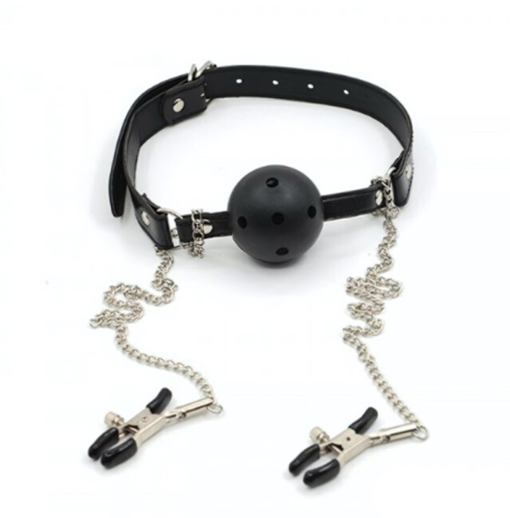 Кляп с зажимами для сосков, дышащий, регулируемый ремешок 65 см, диаметр 4 см, черный