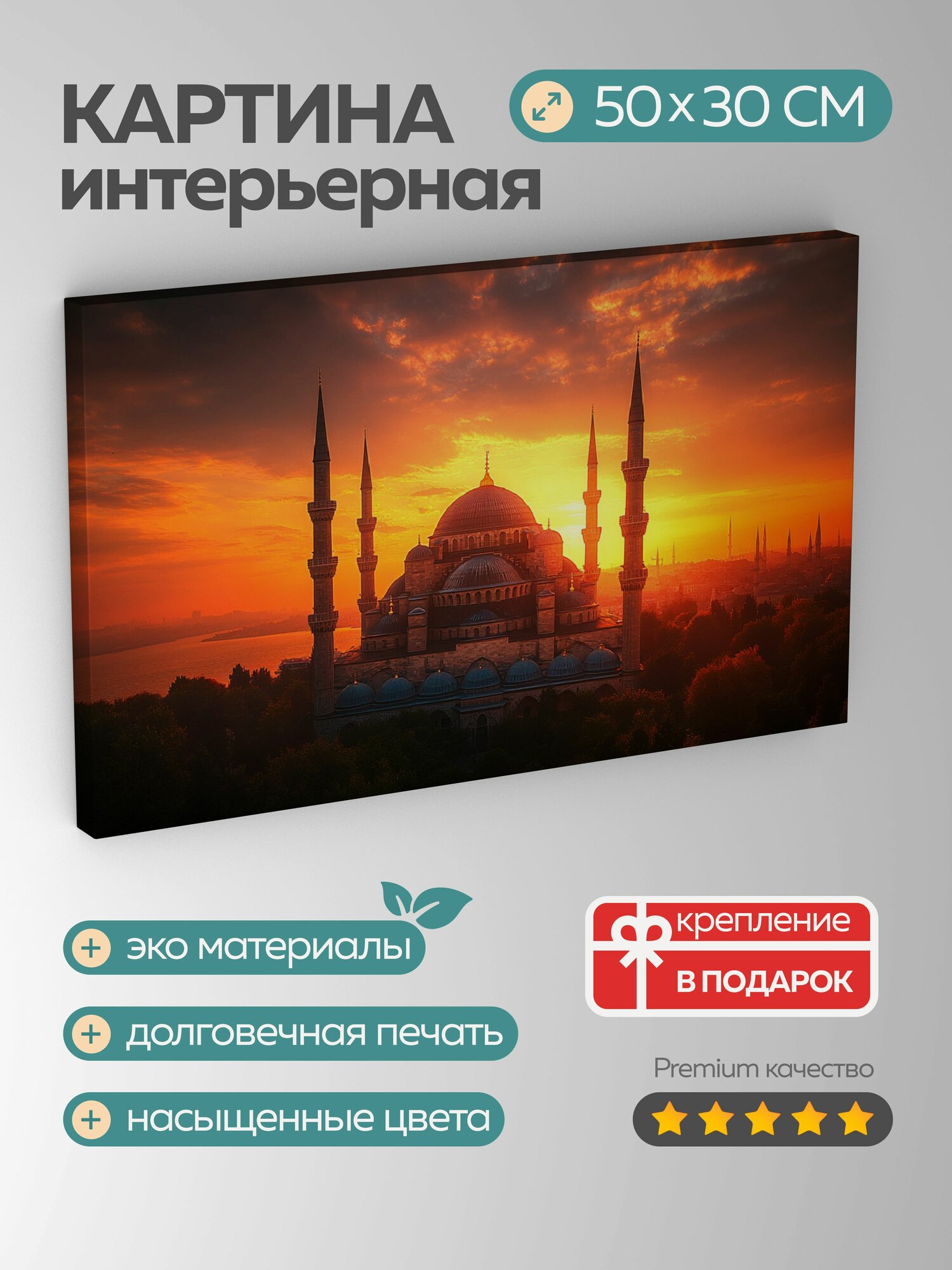 Картина на холсте интерьерная 50х30 см, Закат, Голубая мечеть, Стамбул, золотистые оттенки, сооружение, свет