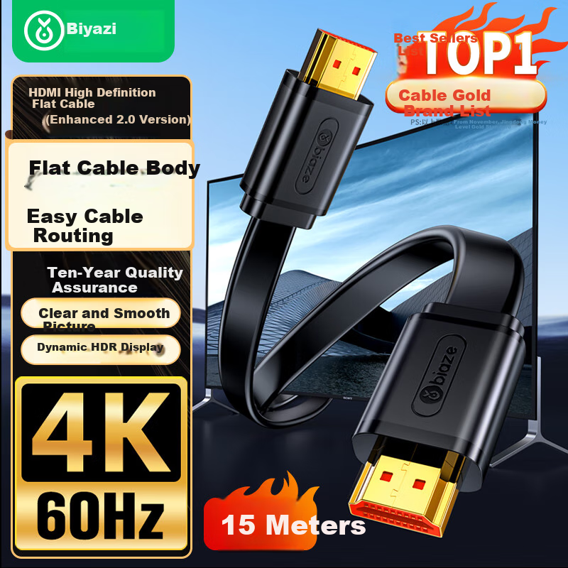 BIAZE HDMI 2.0 Плоский кабель 15 м 4K HDR видеопередача для компьютера и проектора Модель：HDMI 2.0 Плоский кабель с