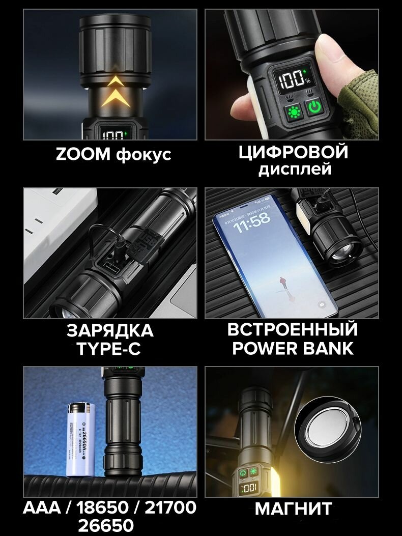 Мощный фонарь аккумуляторный лазерный с ZOOM, PowerBank, красным и белым светом, LED, 18650 или 3xAAA / 21700 / 26650, фонарик тактический