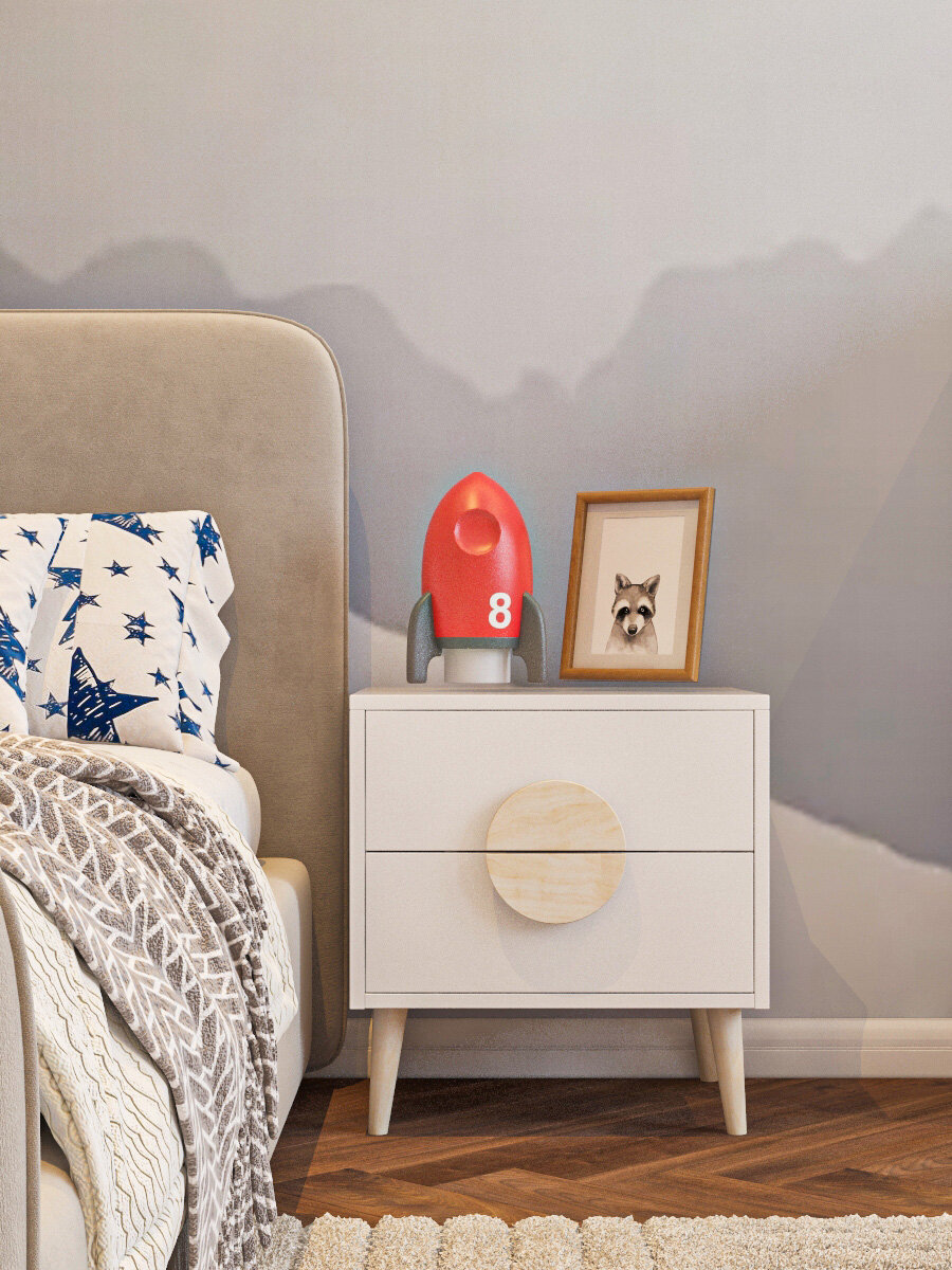 Прикроватная тумба Модерн с 2 ящиками, белая с деревянными ручками на деревянных ножках