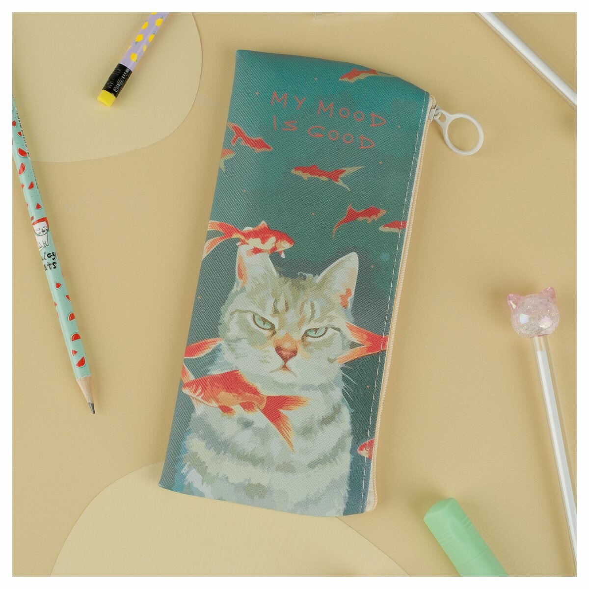 Пенал школьный мягкий 1 отделение, 200x100 MESHU "Cat", кожзам (MS_57876), 10шт.