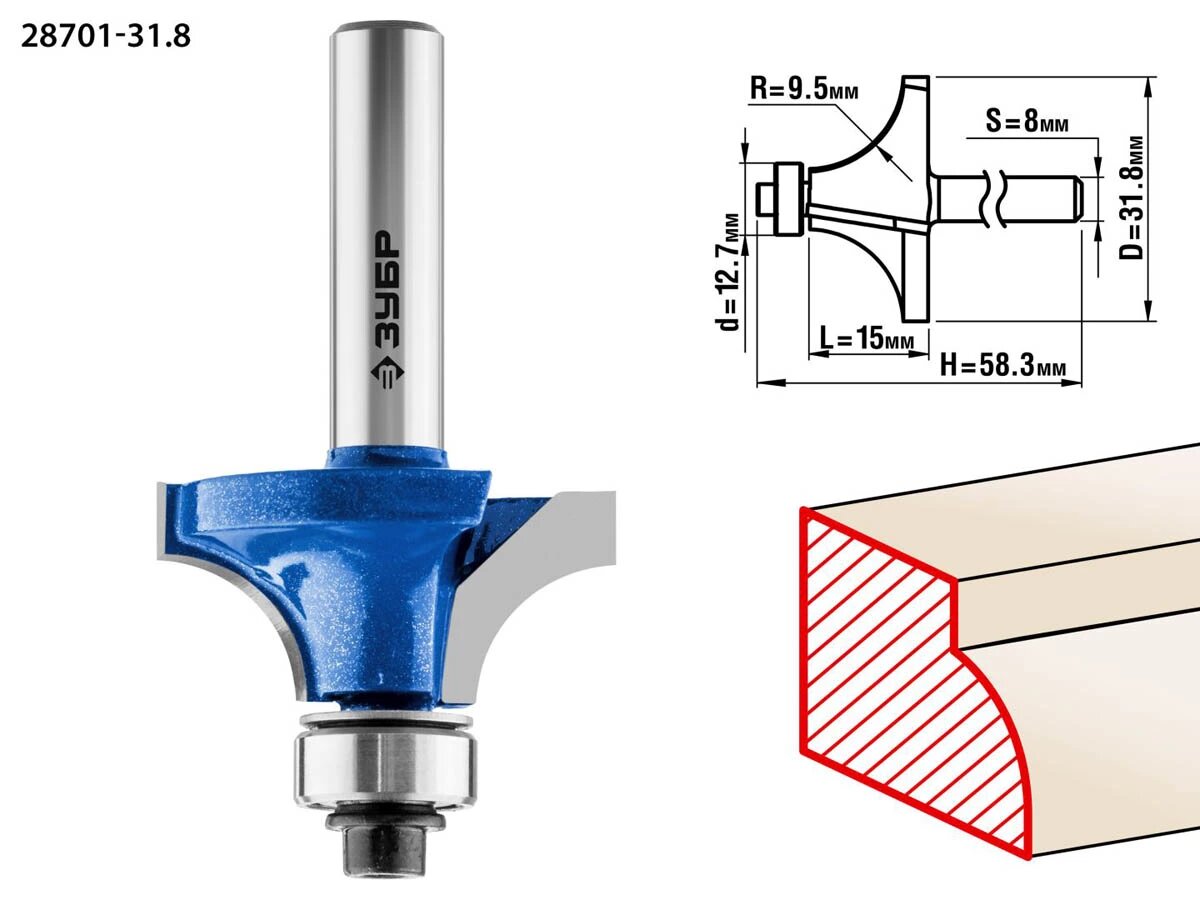 ЗУБР 31,8x16мм, радиус 9.5мм, фреза кромочная калевочная №1