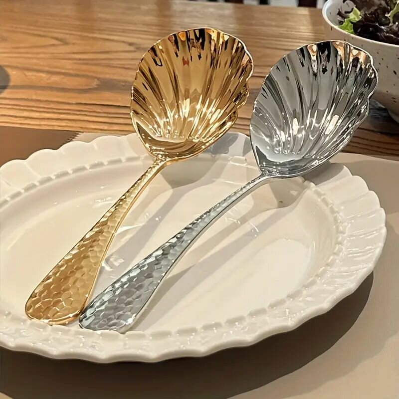 Кулинарная поварская ложка из нержавеющей стали 22 см, Большая ложка, Форма раковины,1 штука, золотая