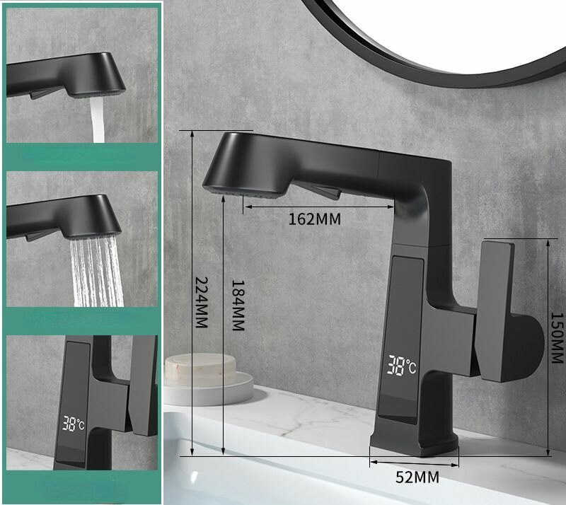 Смеситель для раковины с индикатором температуры воды, выдвижной, телескопический, Черный