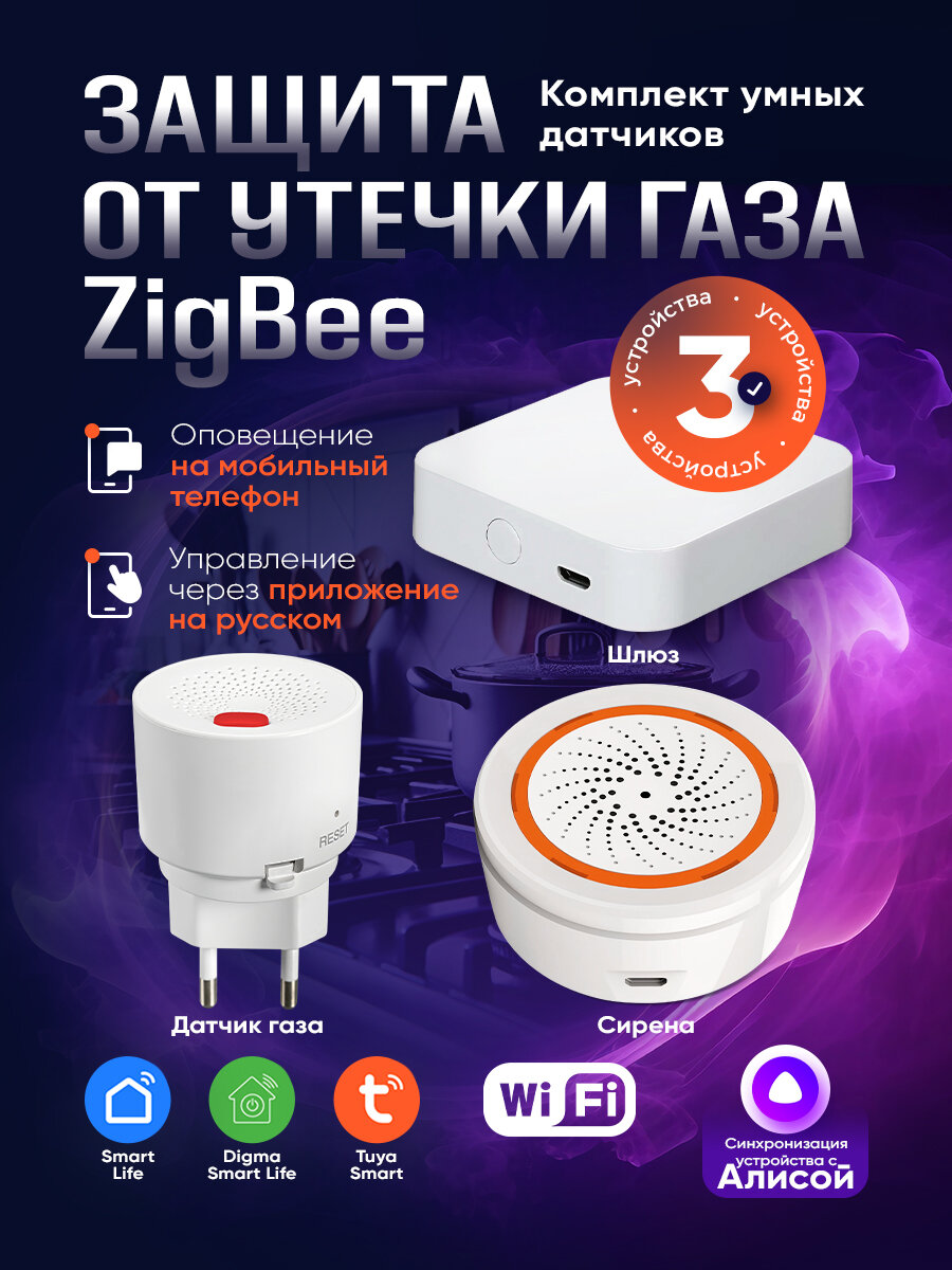 Комплект Умного Дома Tuya Zigbee: Шлюз + Датчик Утечки Газа + Сирена Защита от Взрыва Газа и Пожара