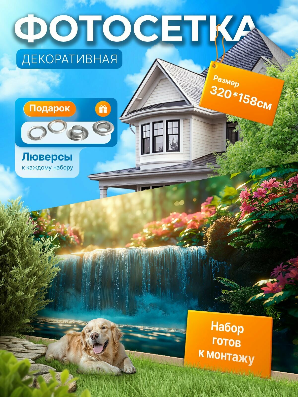 Фотофасад для забора и беседки "Фотосетка для забора" 320х158см УютДеко