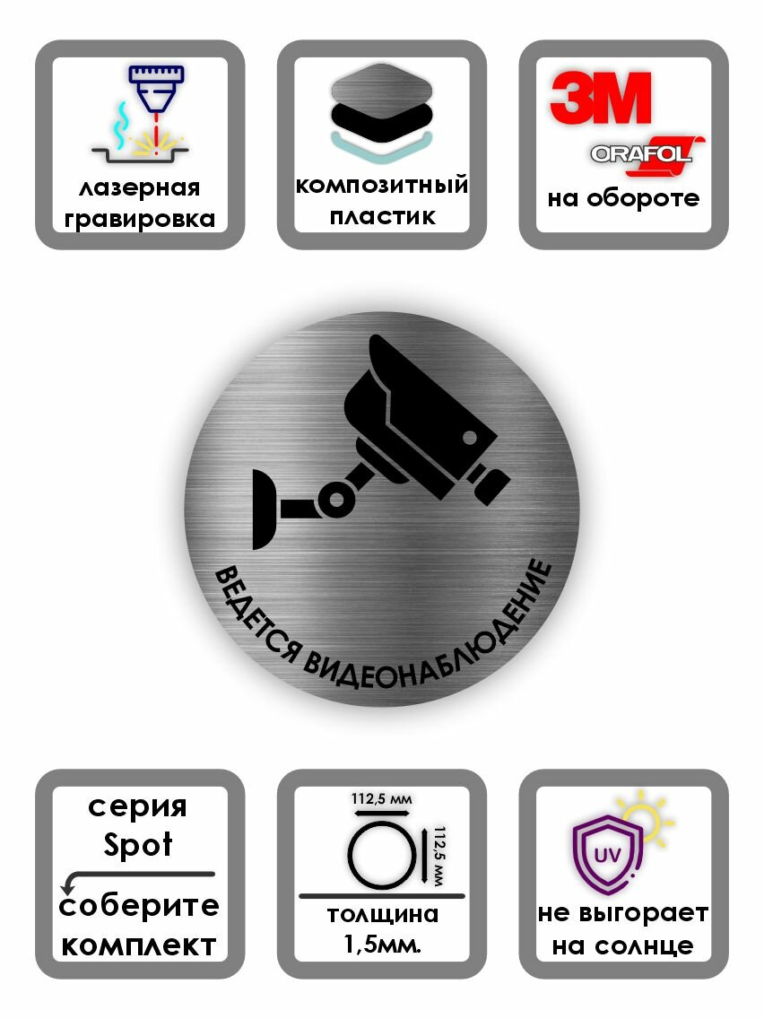 Ведется видеонаблюдение табличка Spot d112*1,5 мм. Серебро