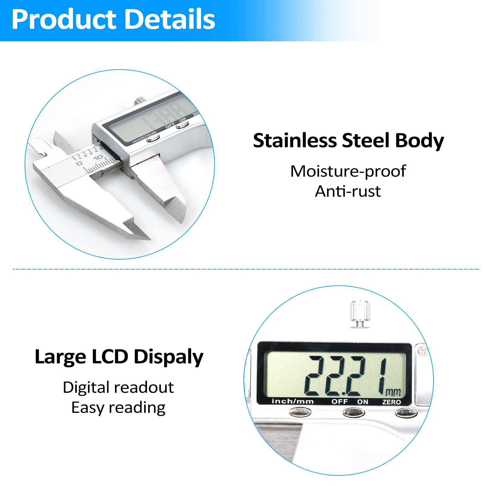Цифровой штангенциркуль с нониусом 6 дюймов/150 мм, измерительный инструмент с электронным микрометром из нержавеющей стали, штангенциркуль с большим ЖК-экраном, легкое переключение с дюймовой на метрическую систему