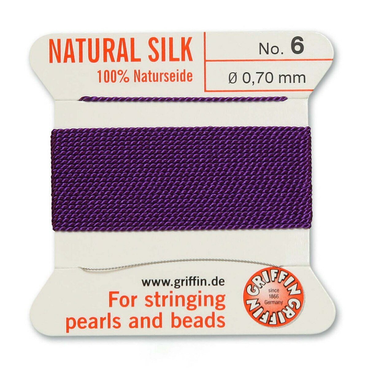 Нить шелковая, Griffin No.6 (0.7мм), фиолетовая, с иглой, моток, 2 метра