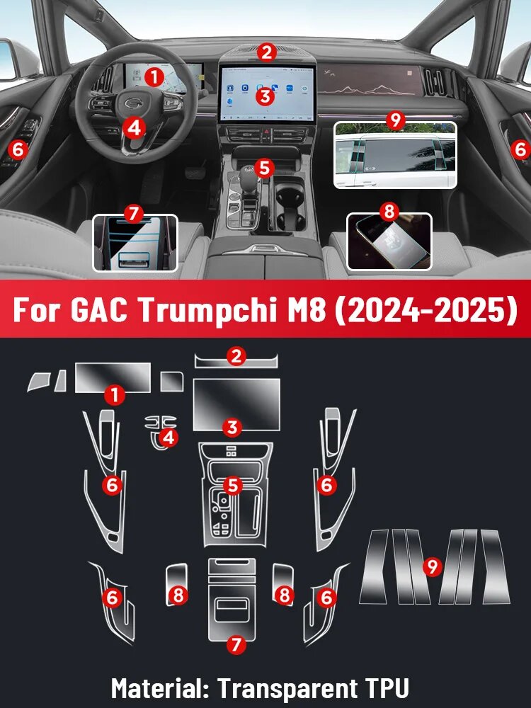 Интерьер ТПУ для GAC Trumpchi M8 2024 2025, защитная пленка, защита от царапин, панель коробки передач, навигационный экран, автомобильный B, Left rudder driving