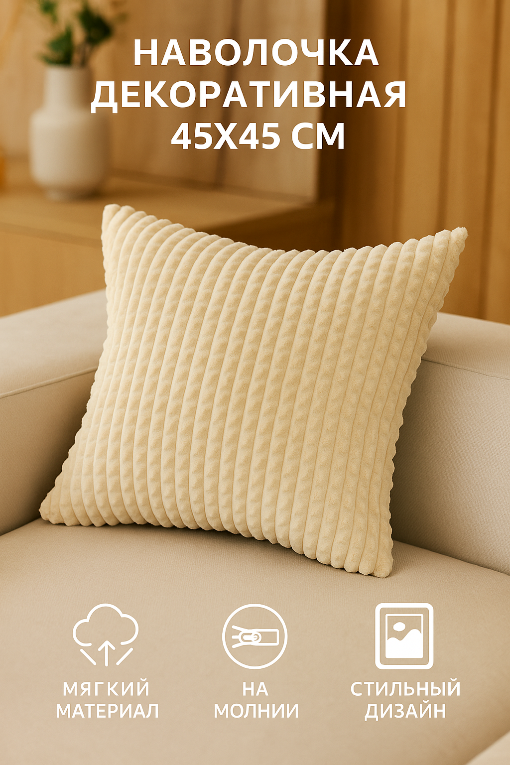 Наволочка Lizzy Home велсофт на молнии 45х45 цвет крем-брюле