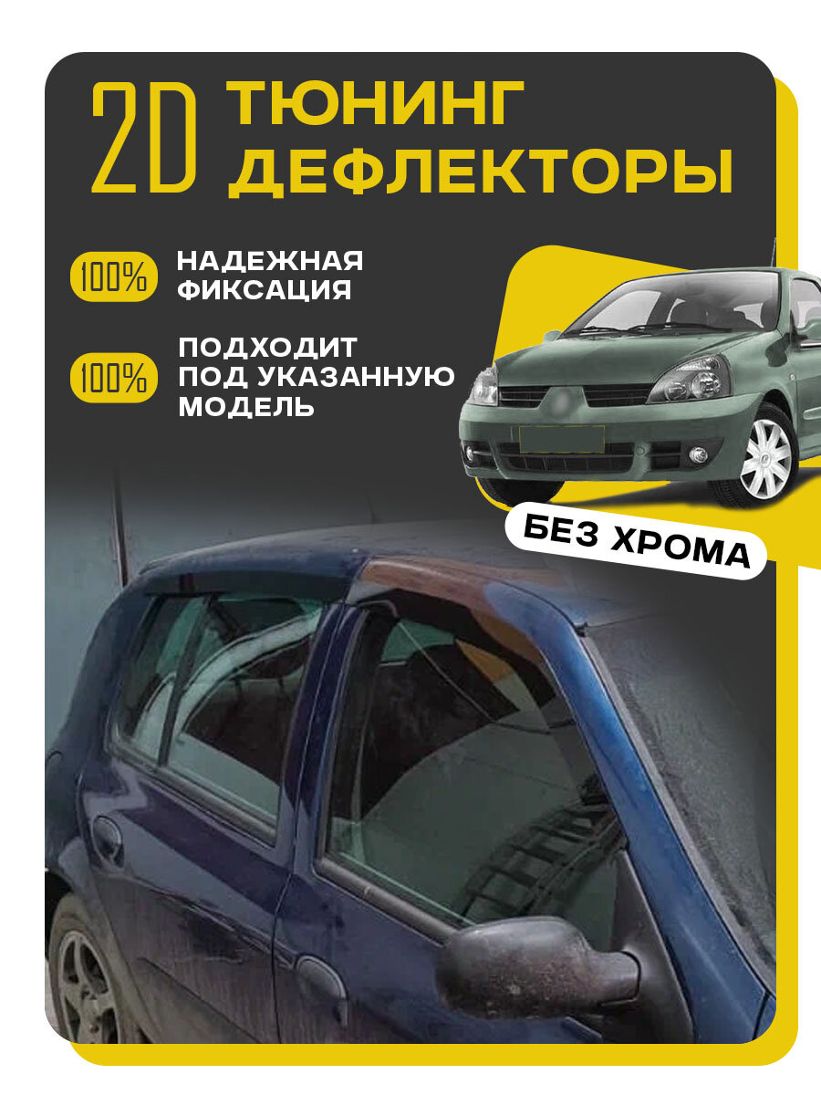 Плоские тюнинг дефлекторы для Renault Clio 2 (1998-2013) хэтчбек / Ветровики 2d Рено Клио 2 поколение. Комплект 4 шт.