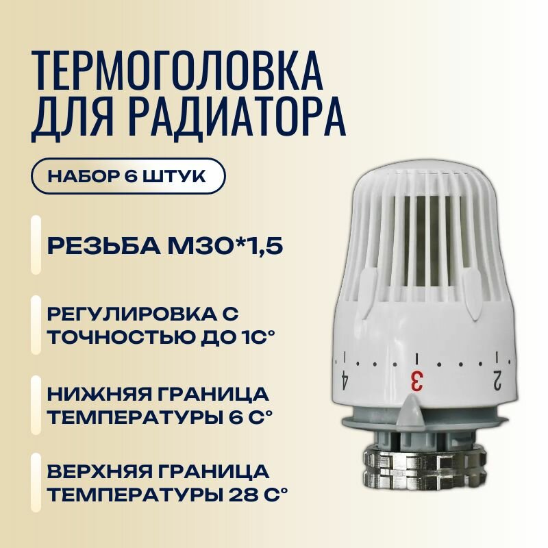 Головка термостатическая жидкостная ZEISSLER TH-D-0101, M30 1.5, для радиатора отопления, 6 28 C , 6 шт