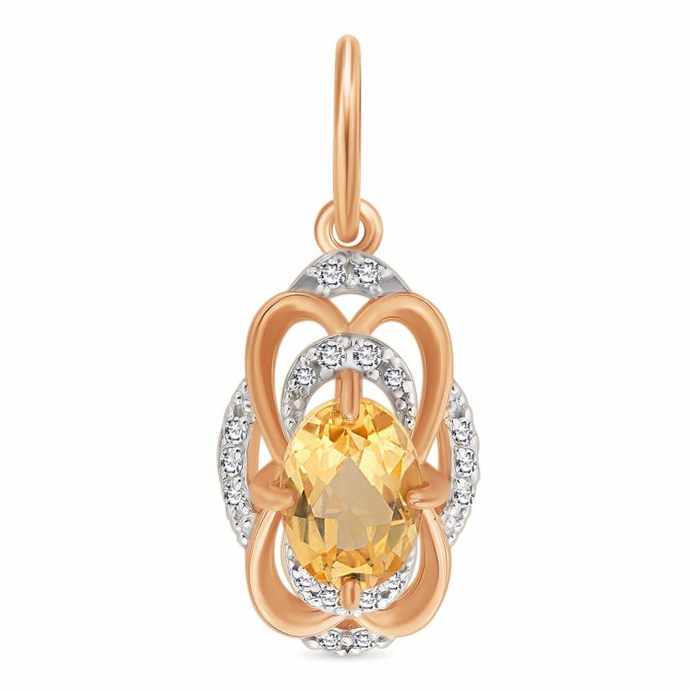 Подвеска, красное золото, 585 проба, родирование, цитрин, фианит