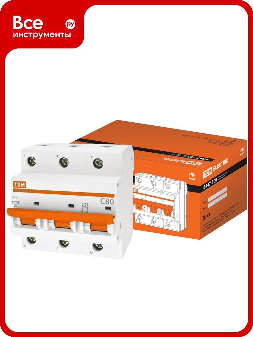 Автоматический выключатель TDM ELECTRIC ВА47-100 3Р 80А 10кА С SQ0207-0076
