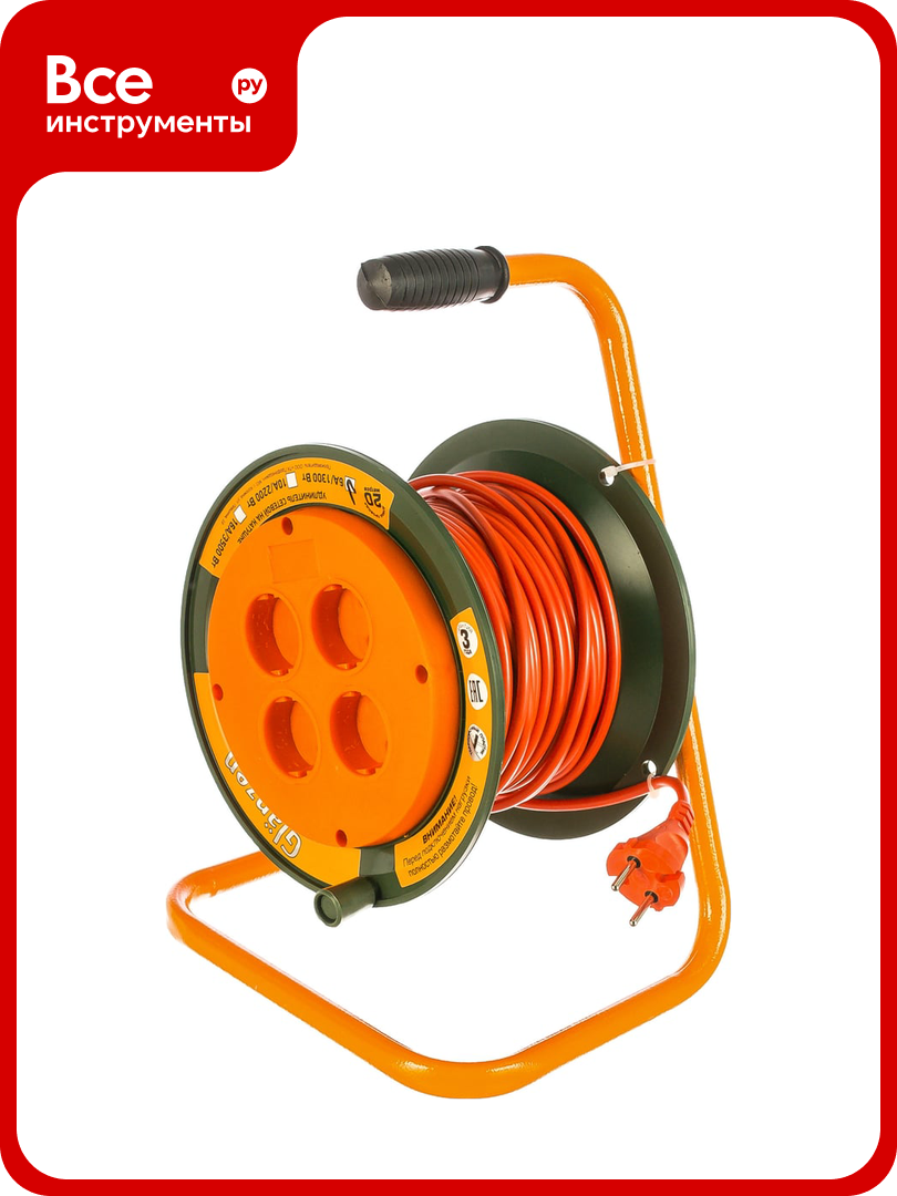 Силовой удлинитель на катушке, 4 гнезда 20 м ПВС 2х0.75 1300 Вт GLANZEN ЕВ-20-002