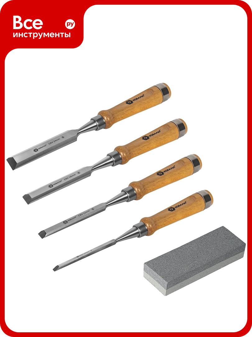 Набор плоских стамесок: 6, 12, 18, 24мм, длина 140мм, CR-V, деревянные рукоятки, точильный камень, 4шт