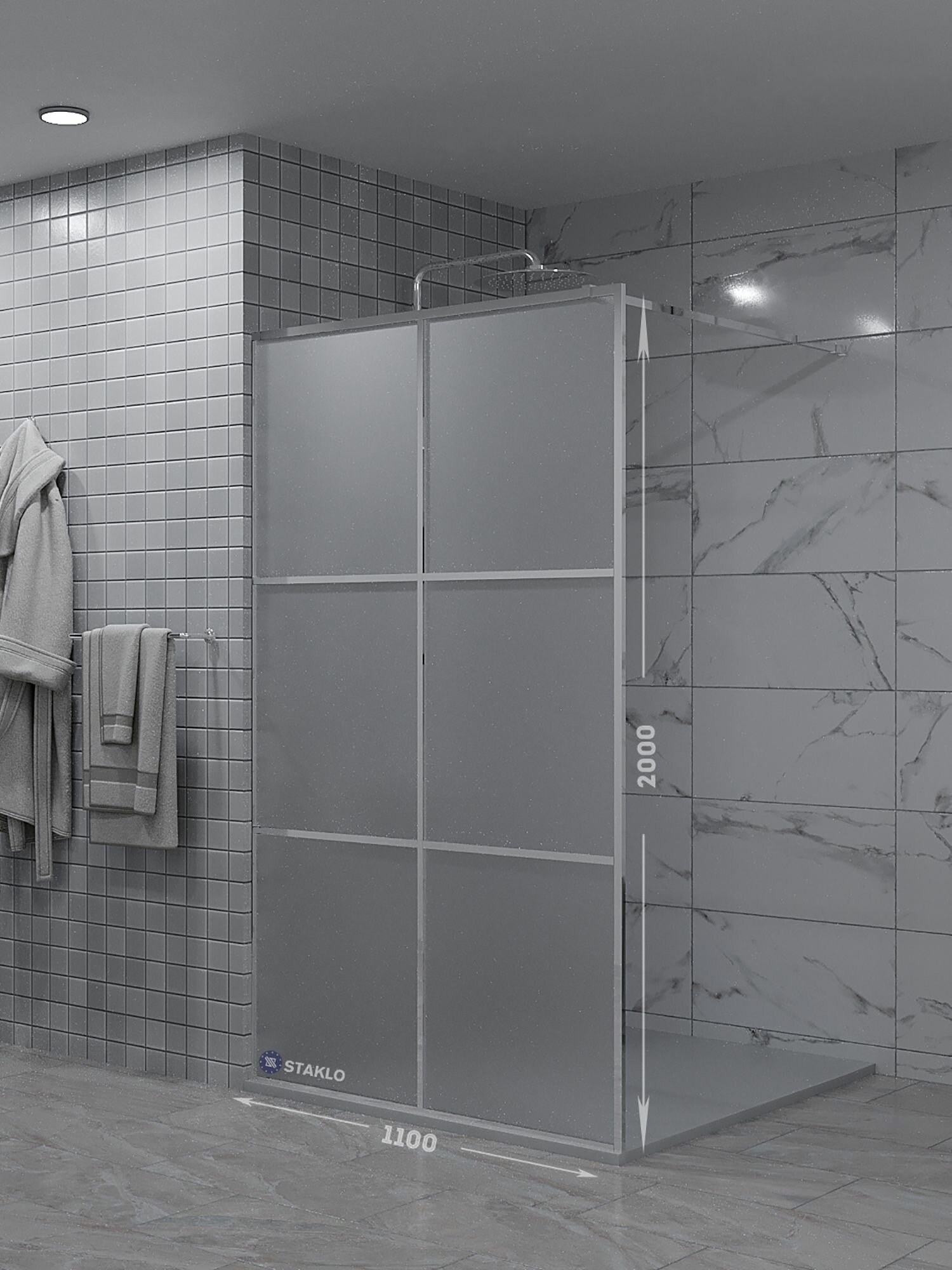 Loft душевая одиночная перегородка staklo 110x200 из матового осветленного стекла хром фурнитура