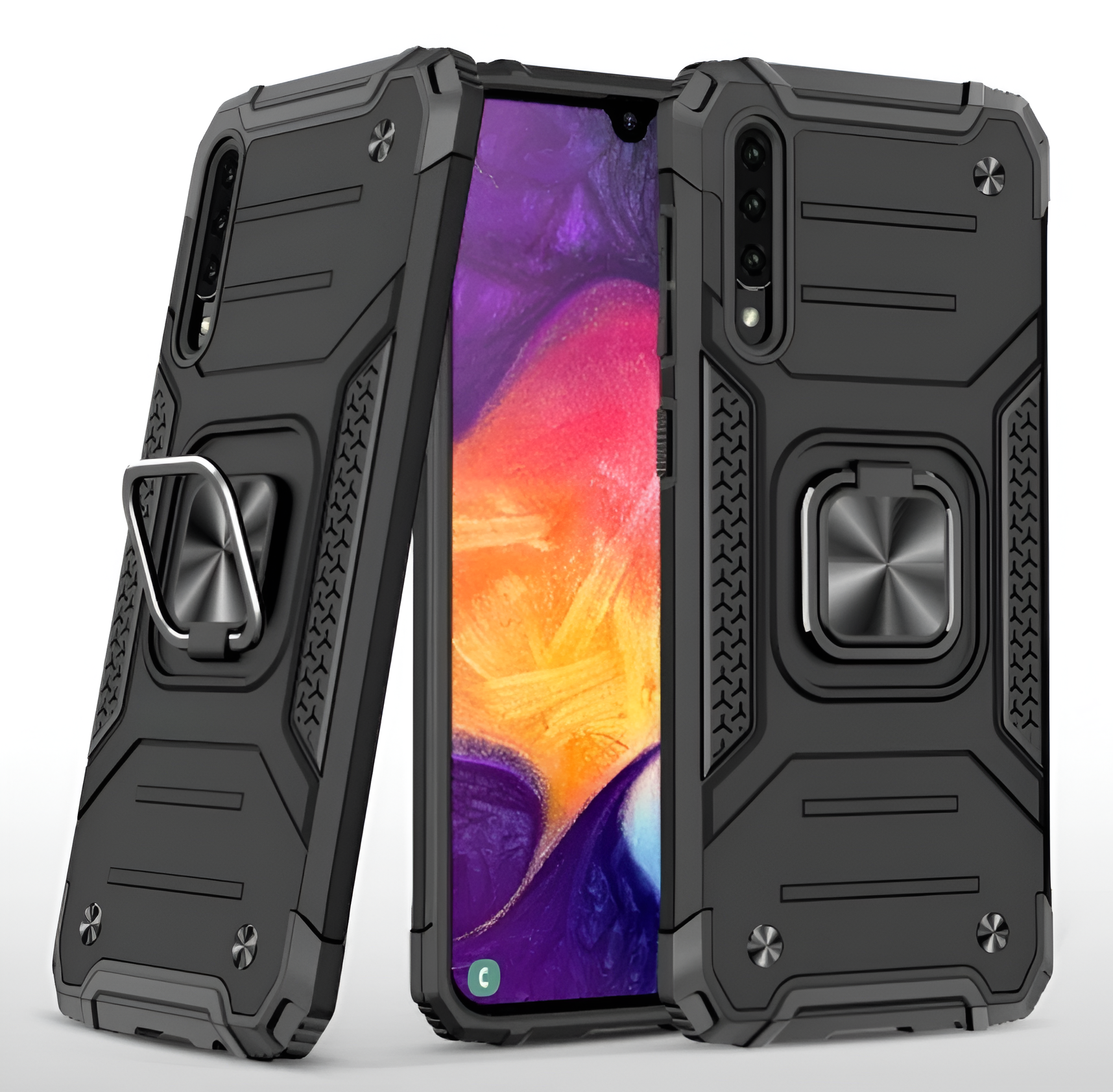 Противоударный чехол для Samsung Galaxy A50 A505, A50s, A30s черный с пластиной и кольцом подставкой
