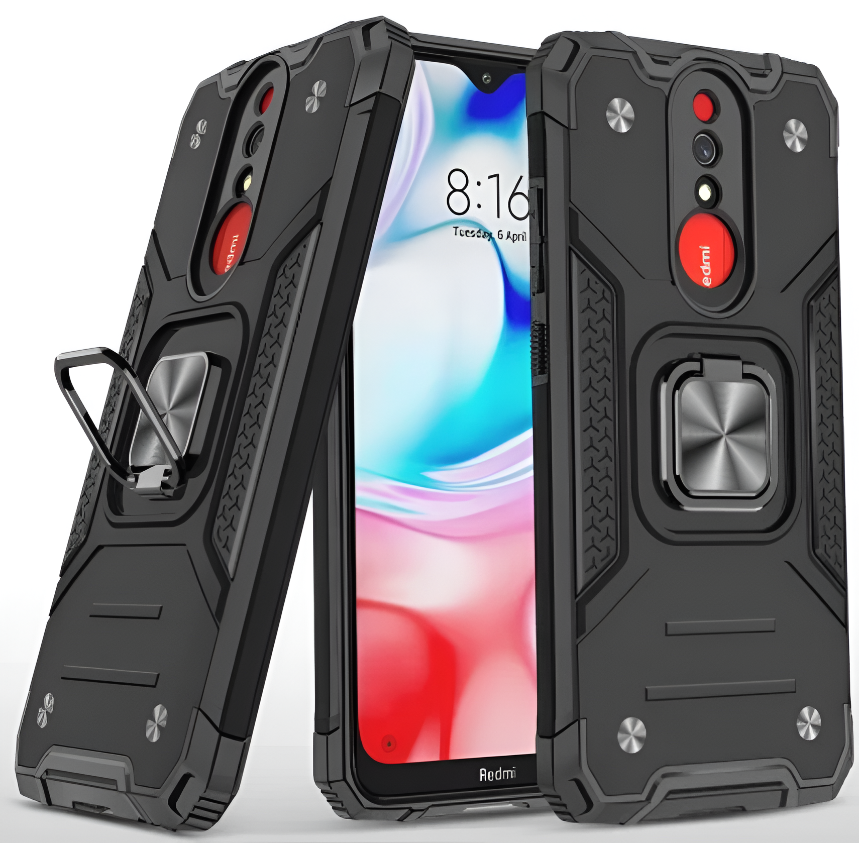 Противоударный чехол для Xiaomi Redmi 8A черный с пластиной для магнитного автодержателя и кольцом подставкой