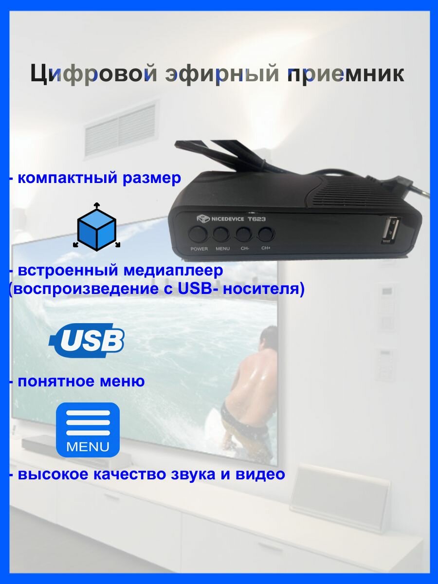 Цифровая ТВ приставка Nice Device T624, тв тюнер, ТВ-ресивер, медиаплеер. Бесплатные каналы. Эфирный цифровой приемник.