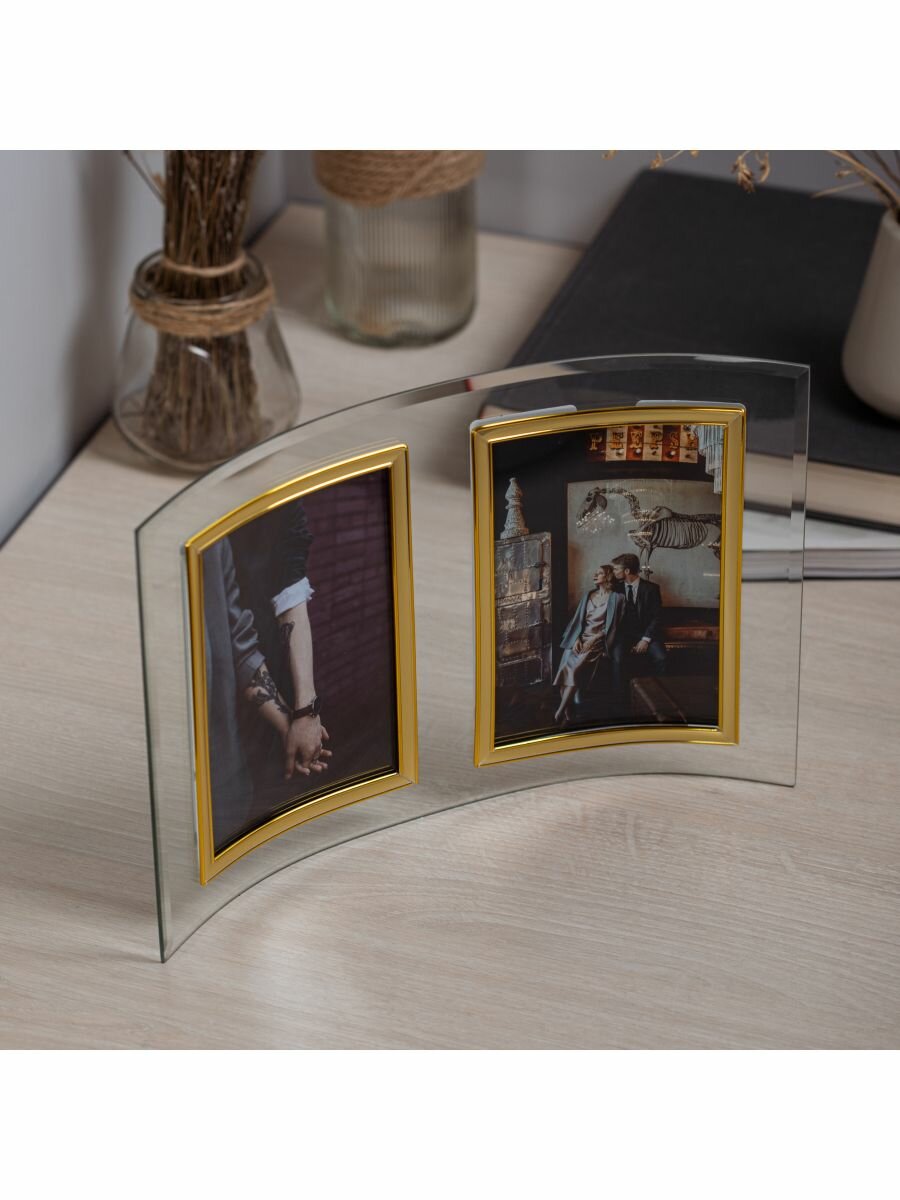 Рамка для фото стеклянная изогнутая вертикальная золото 10х15 на 2 фото, семейная, детская