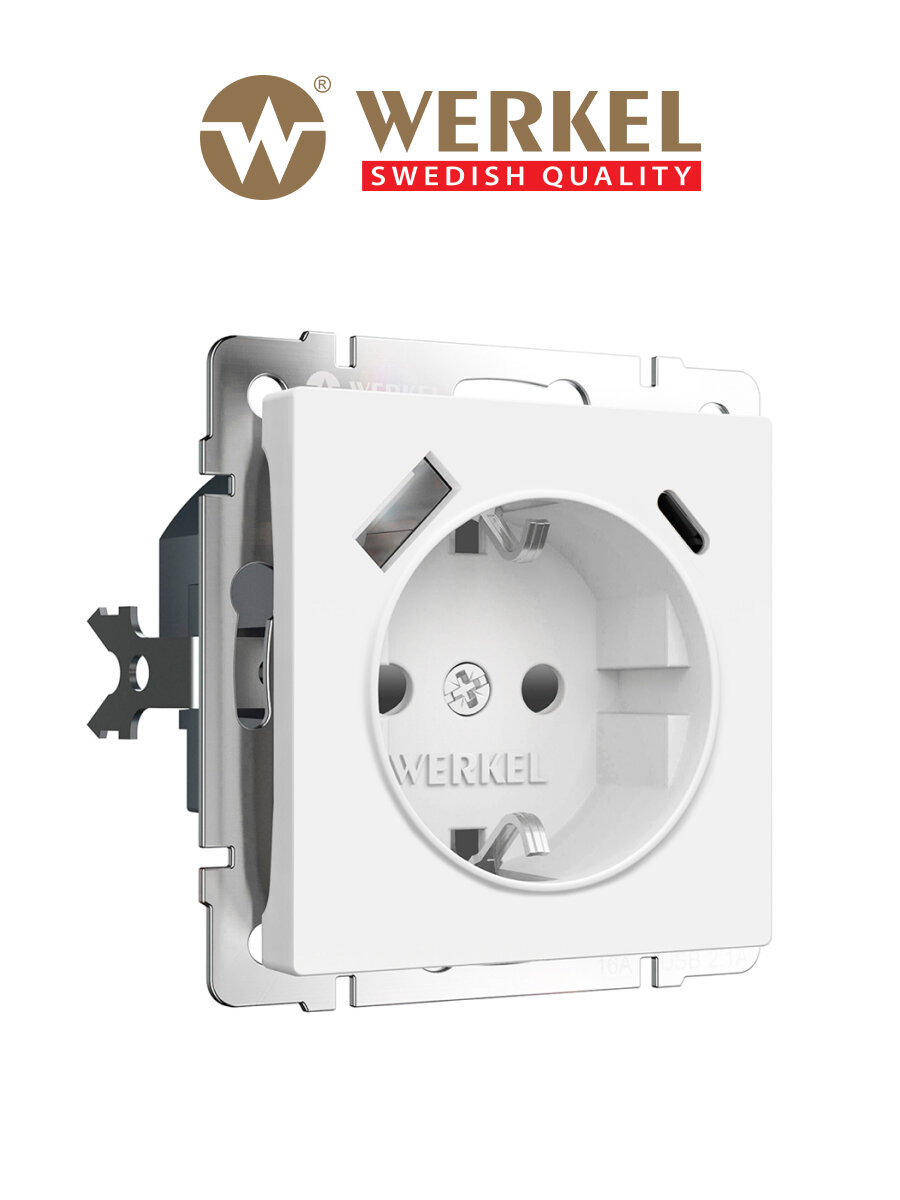 Встраиваемая розетка со шторками и USB тип A+C Werkel W1171761, быстрая зарядка, белый матовый