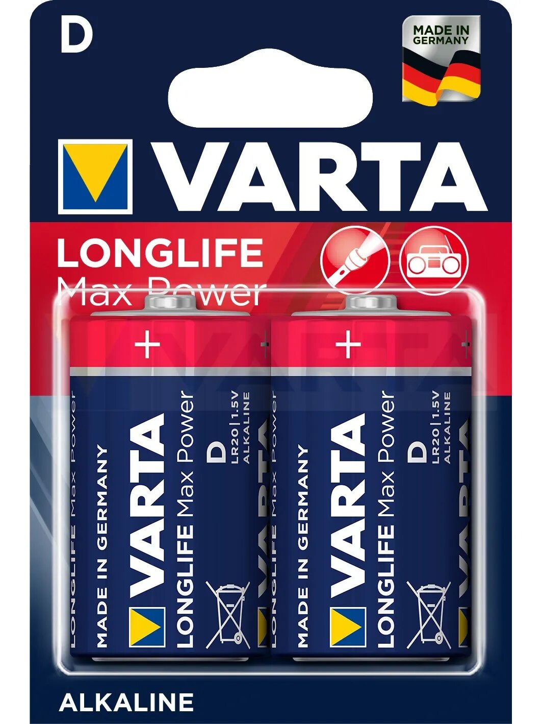 Батарейка Varta LONGLIFE MAX POWER (MAX TECH) LR20 D 04720101402 BL2 Alkaline 1.5V