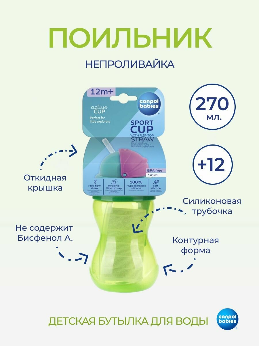 Поильник непроливайка детский Canpol babies с силиконовой трубочкой, 270 мл, зеленый