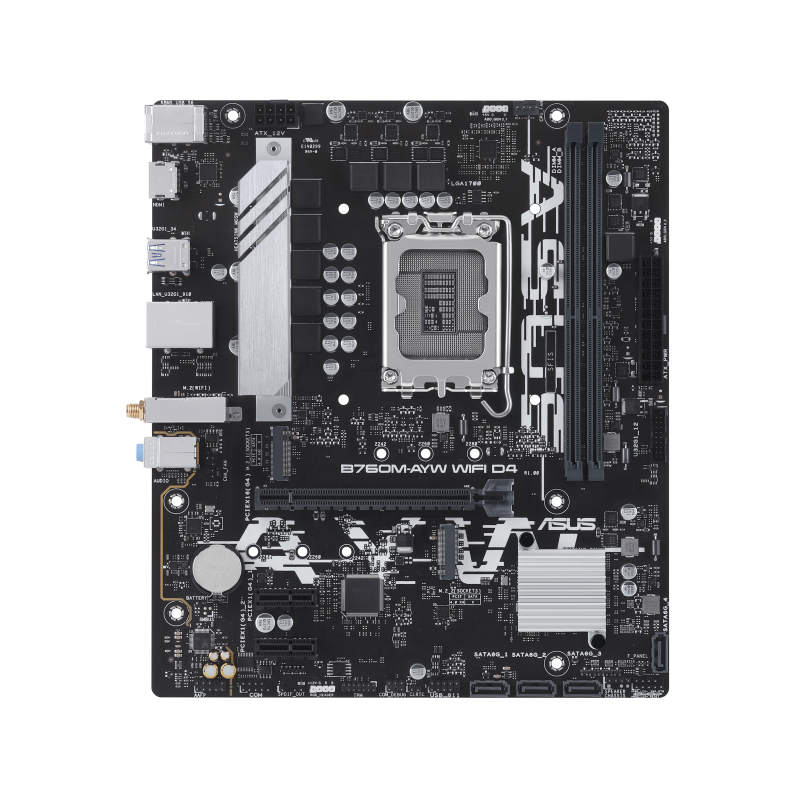 Материнская плата ASUS B760M-AYW WiFi, an Intel B760 LGA 1700 mATX Motherboard with PCIe 4.0, Two PCIe 4.0 M.2 Slots, DDR5, Realtek 2.5Gb Ethernet, WiFi 6, HDMI, SATA 6 Gbps, Front USB 3.2 Gen 1, Aura Sync