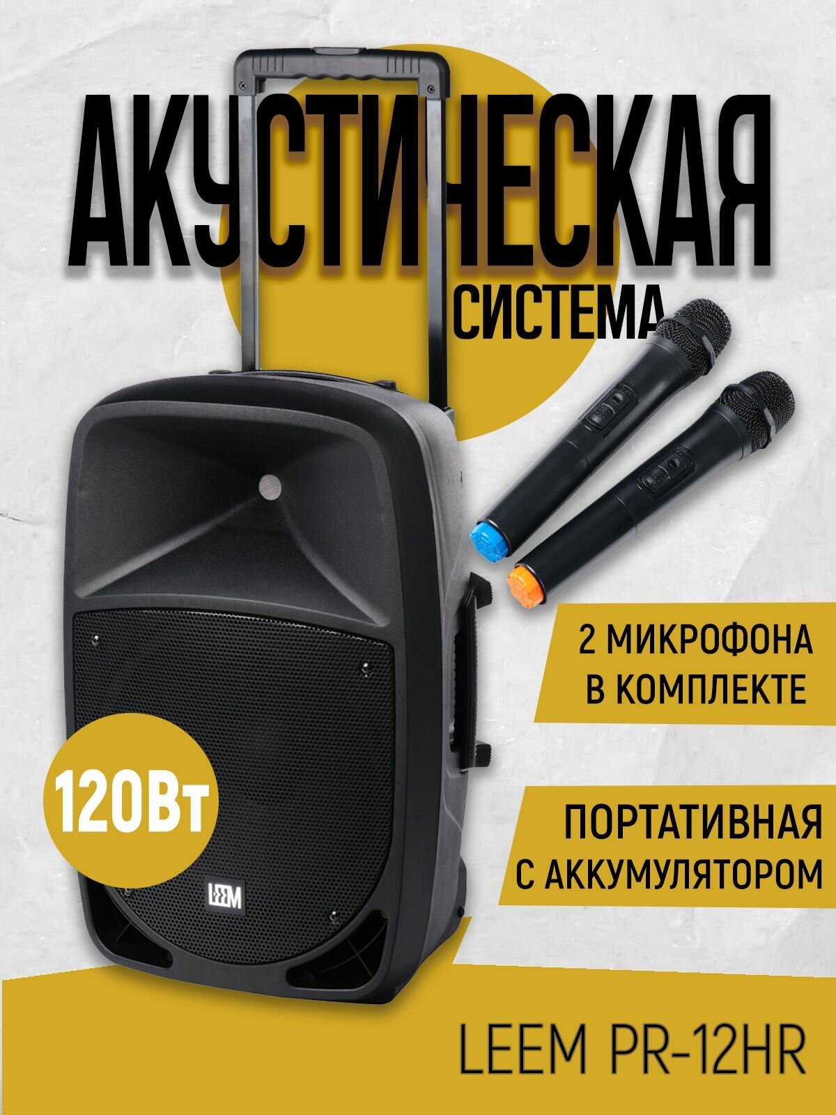 Портативная акустическая система с двумя радиомикрофонами Leem PR-12HR, пиковая мощность 120Вт