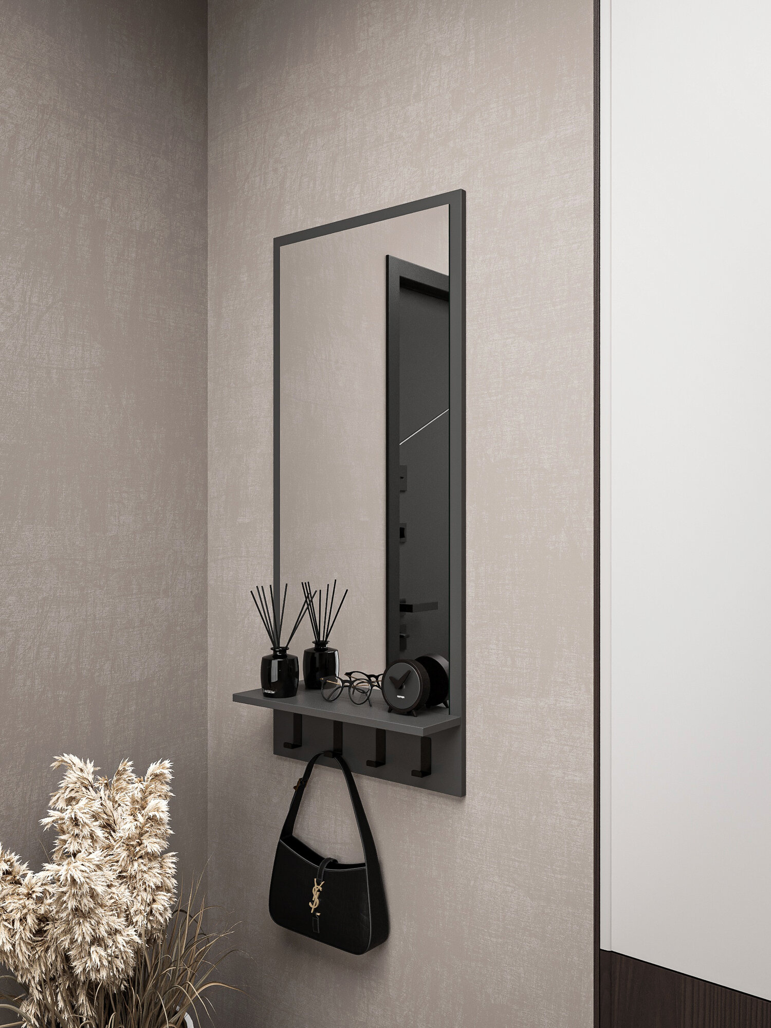 Зеркало настенное, с полкой, прямоугольное, крепление к стене, ЛДСП, еврокромка, 50х114 см