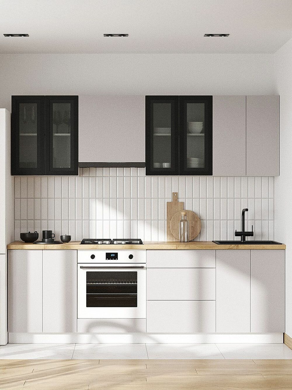 Кухонный гарнитур Тандем 2.4 м, мебель для дома и кухни, Белый / Черный матовый / Нео