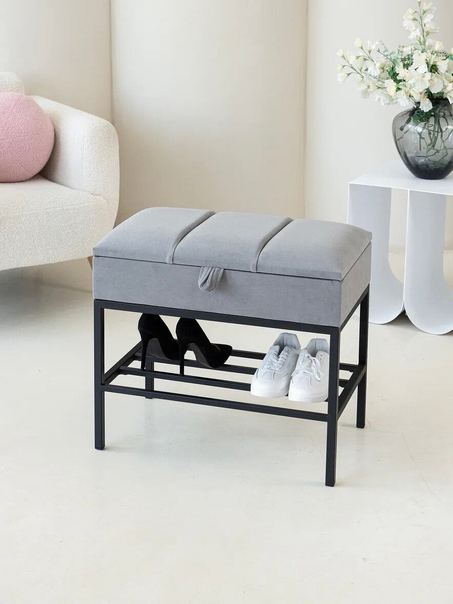 Банкетка в прихожую с мягким сиденьем, ящиком и полками для обуви 60х35х51см