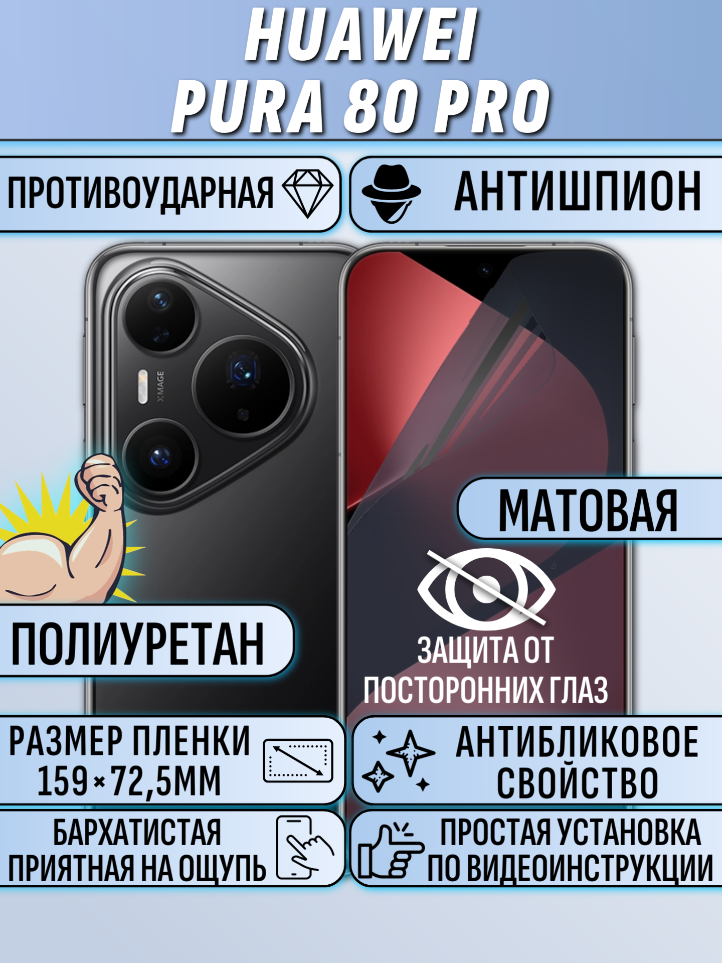 Гидрогелевая пленка Huawei Pura 80 Pro антишпион / Матовое покрытие